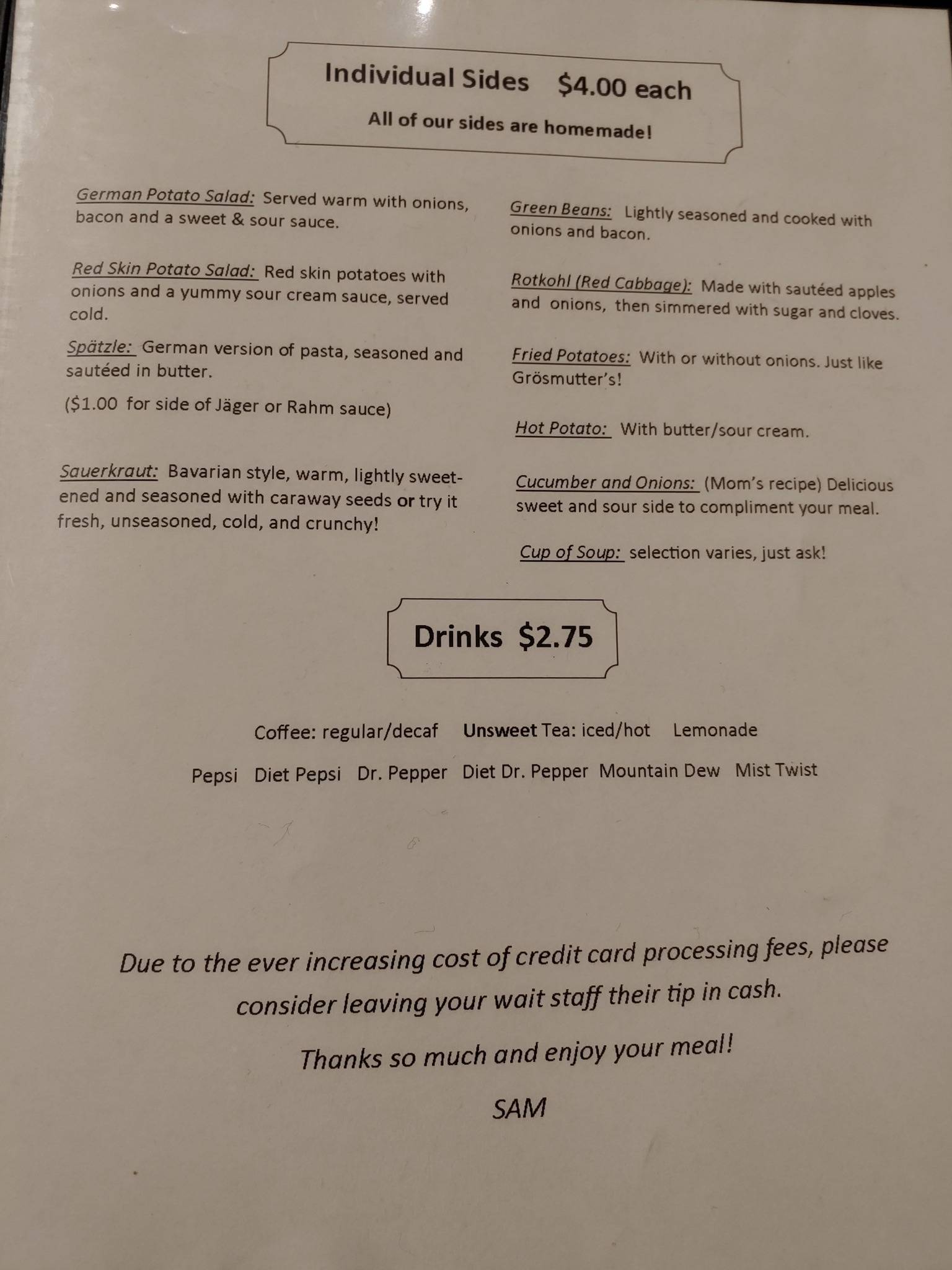 Menu at The German Table restaurant, Cole Camp
