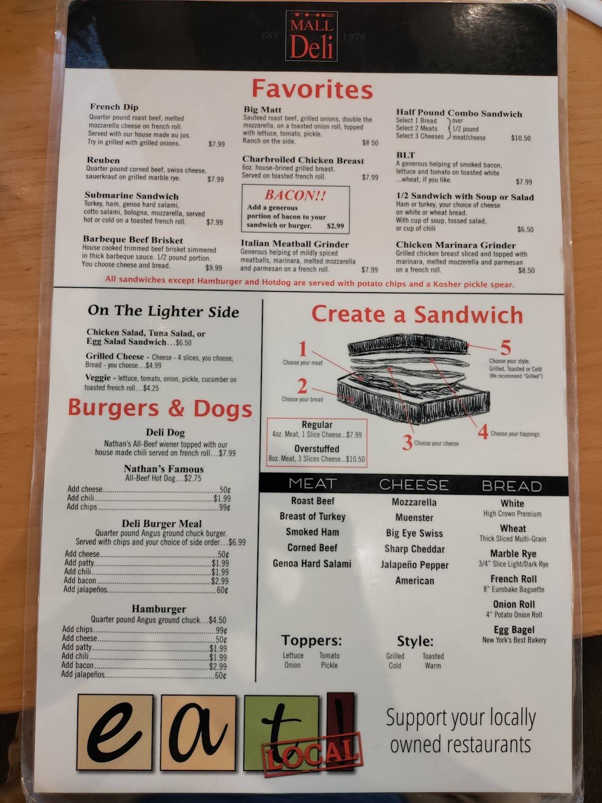 Menu at The Mall Deli restaurant, Pittsburg