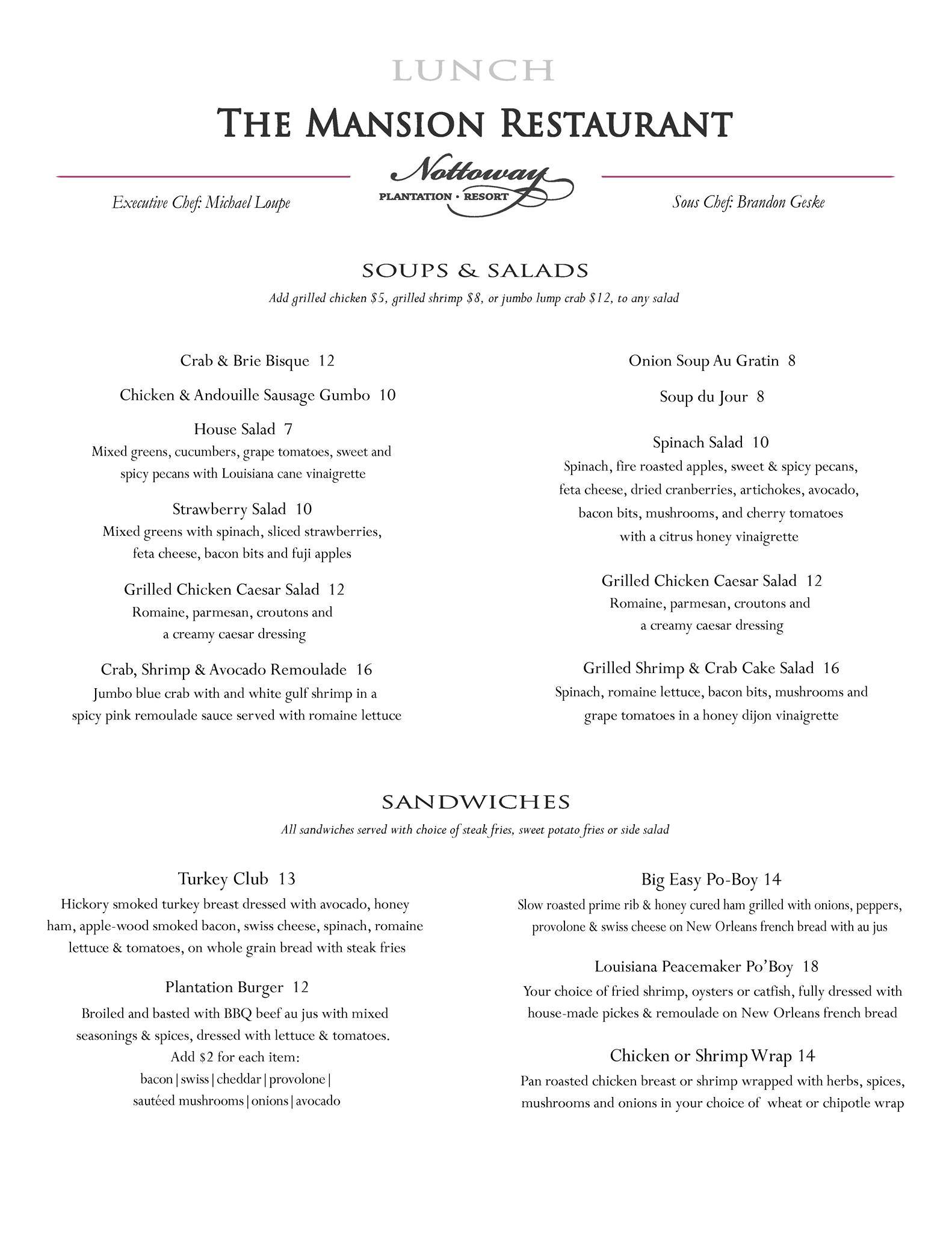 Menu at The Mansion Restaurant, White Castle, LA-1
