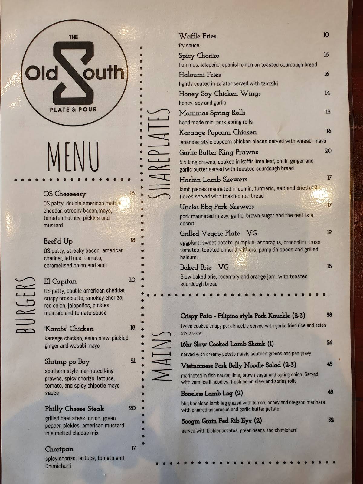 Menu at The Old South restaurant, Thirroul