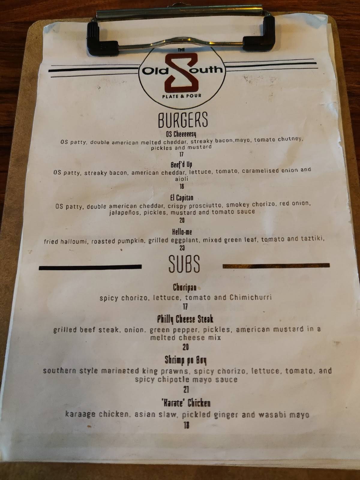 Menu at The Old South restaurant, Thirroul