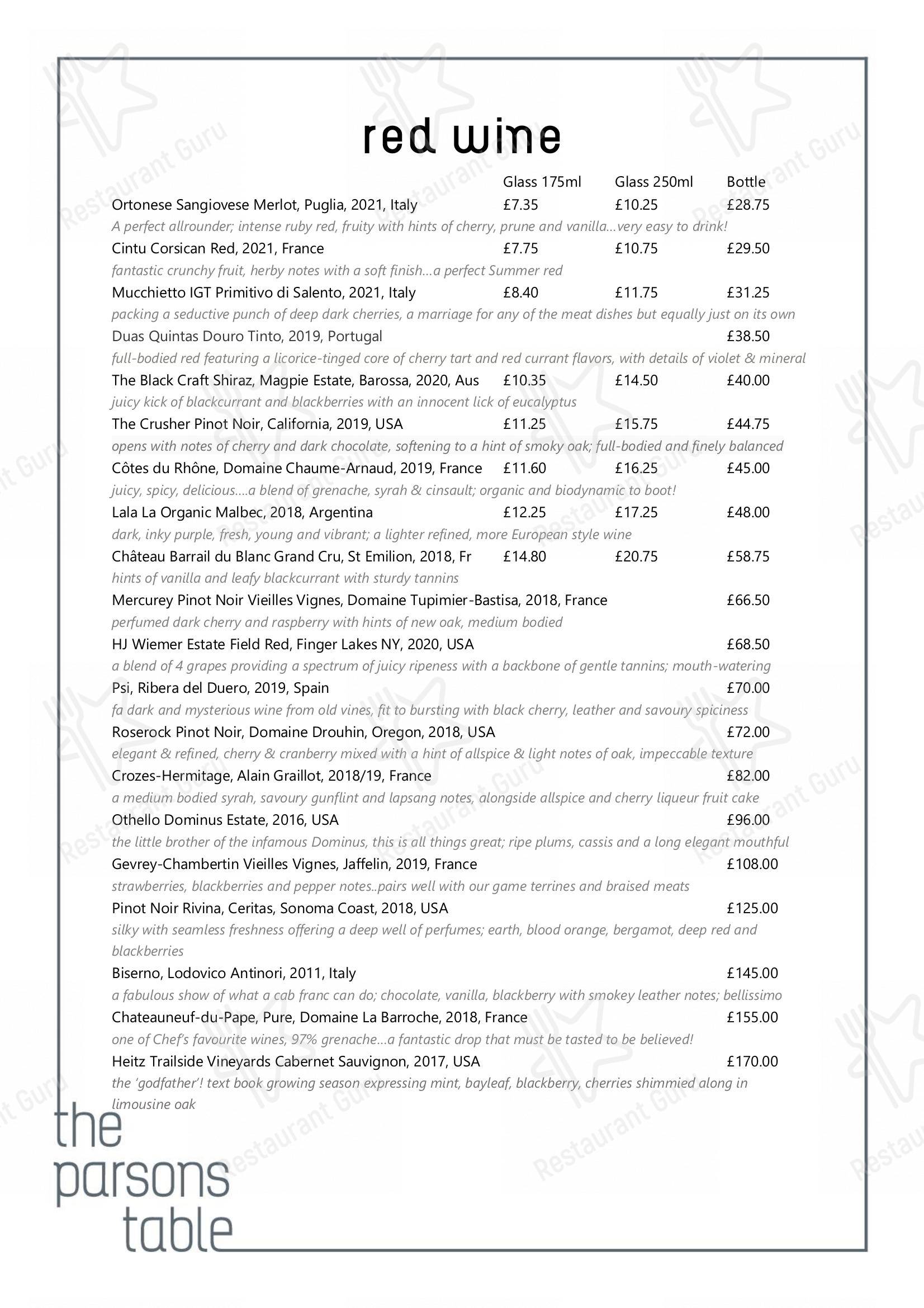 Menu at The Parsons Table restaurant, Arundel