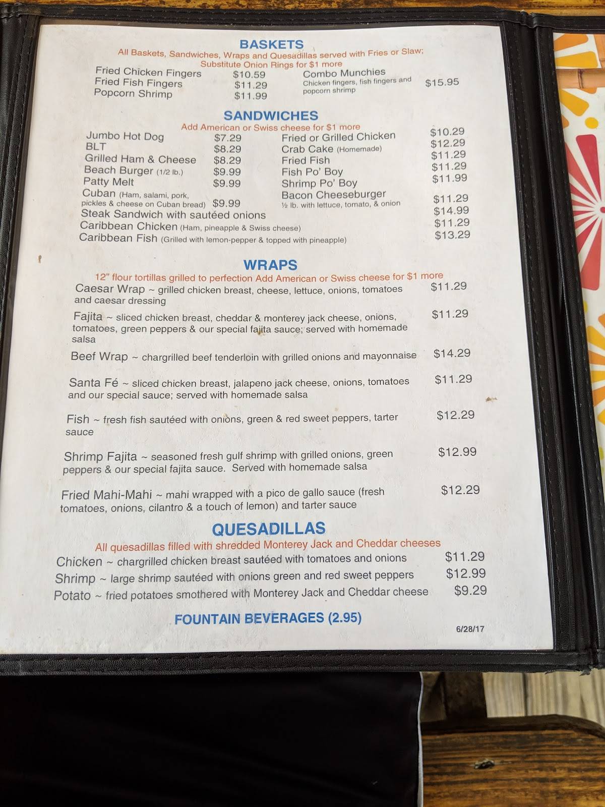 Menu at The Whale's Tail Beach Bar & Grill, Miramar Beach, Scenic Gulf Dr