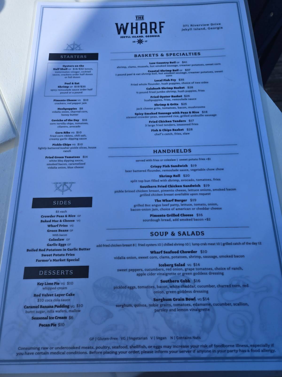 Menu at The Wharf restaurant, Jekyll Island