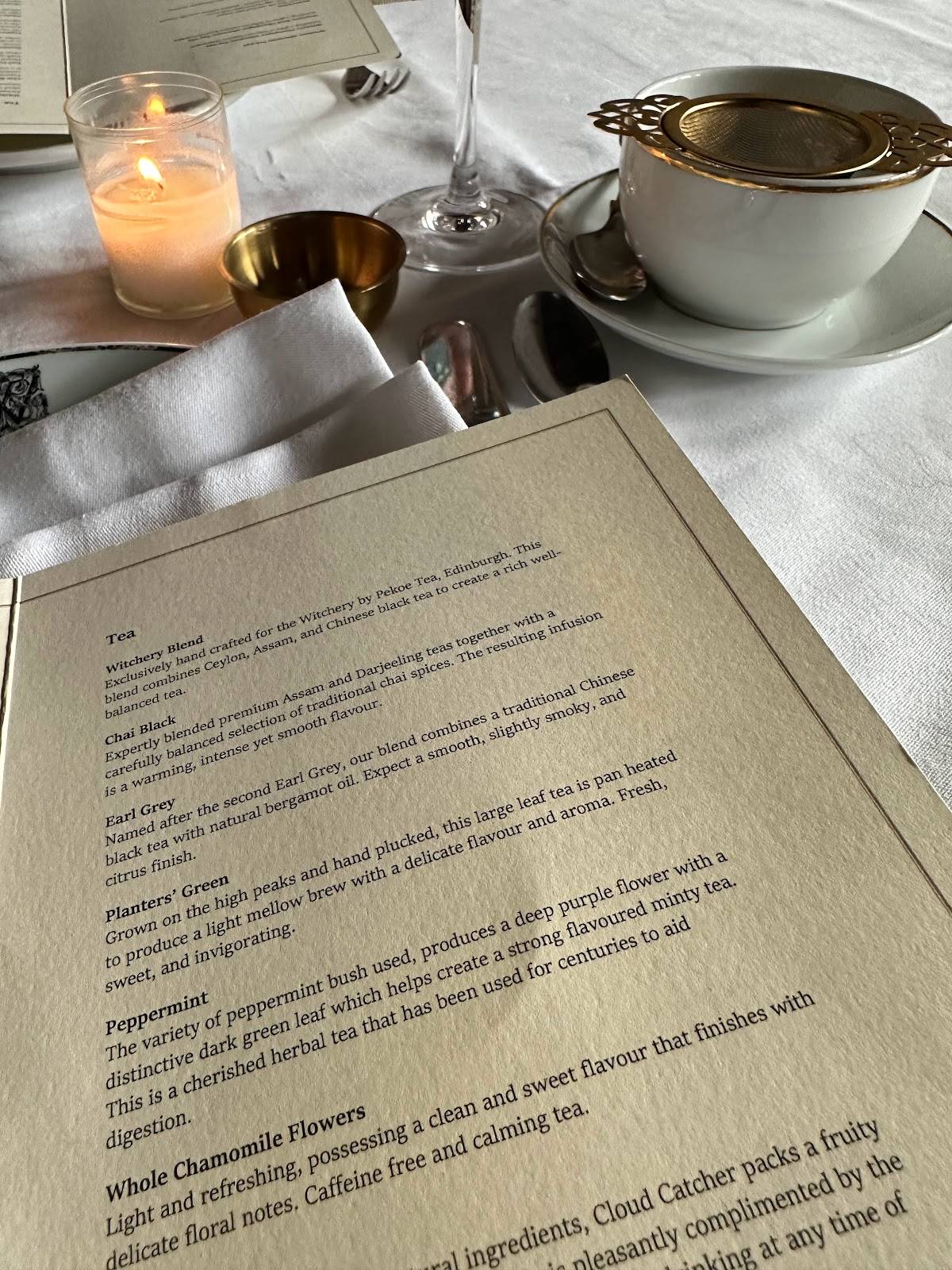 Menu at The Witchery by the Castle restaurant, Edinburgh