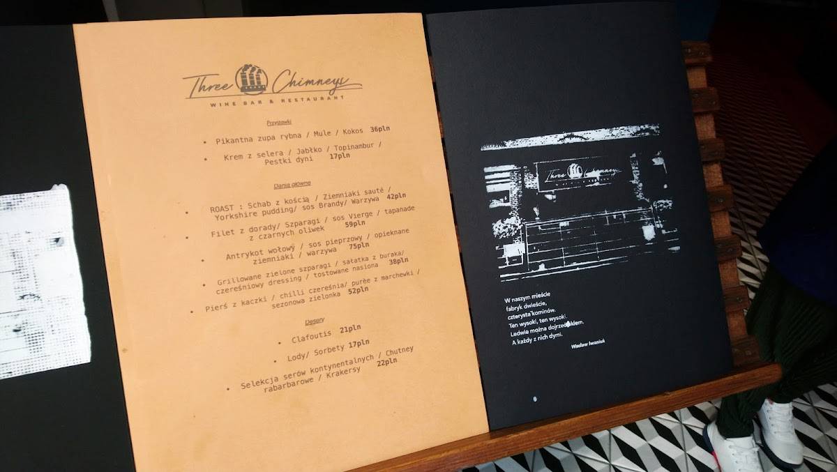 Menu at Three Chimneys restaurant, Łódź
