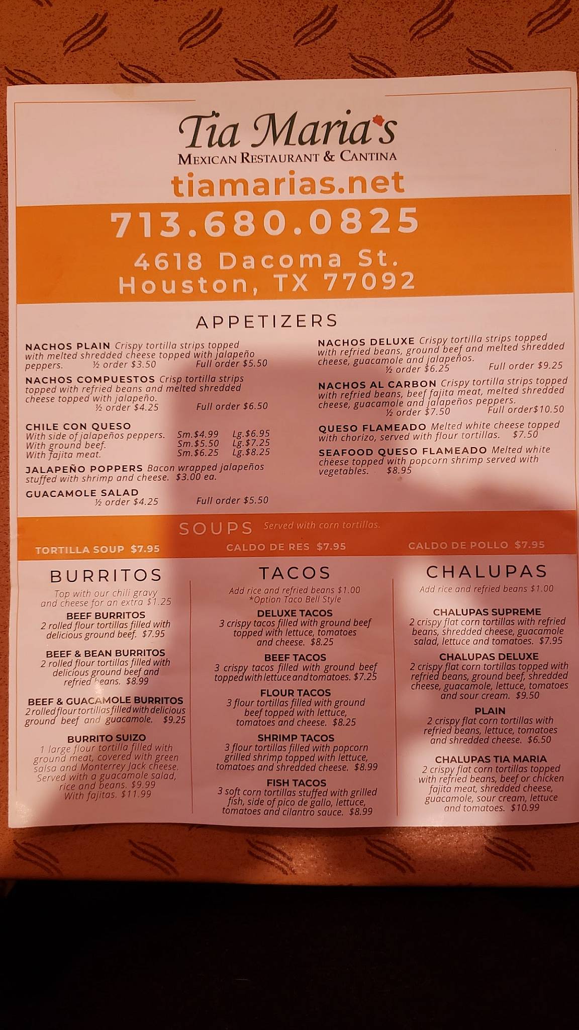 Menu at Tia Maria's restaurant, Houston, Dacoma St