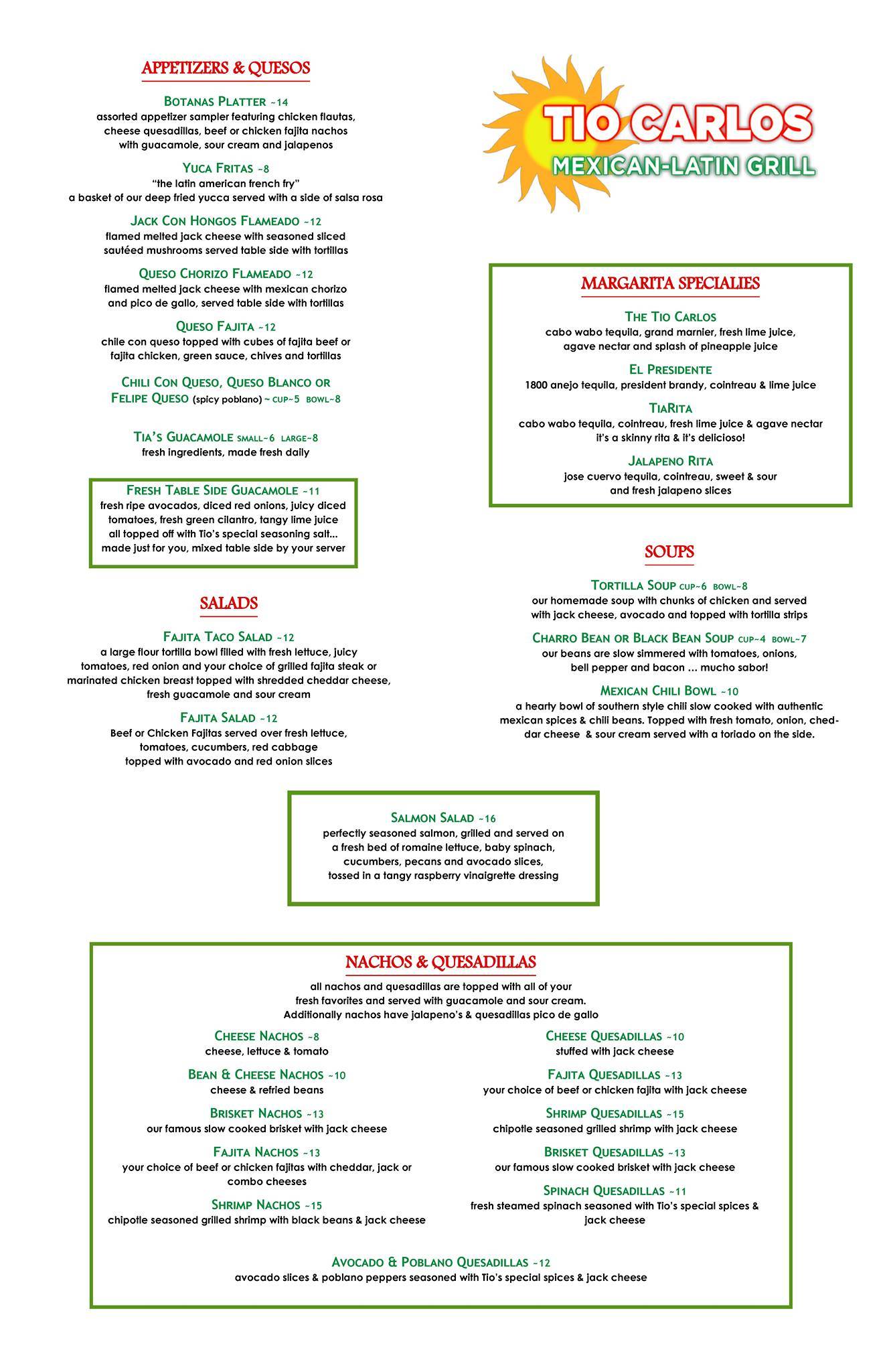 Menu at Tio Carlos restaurant, Irving