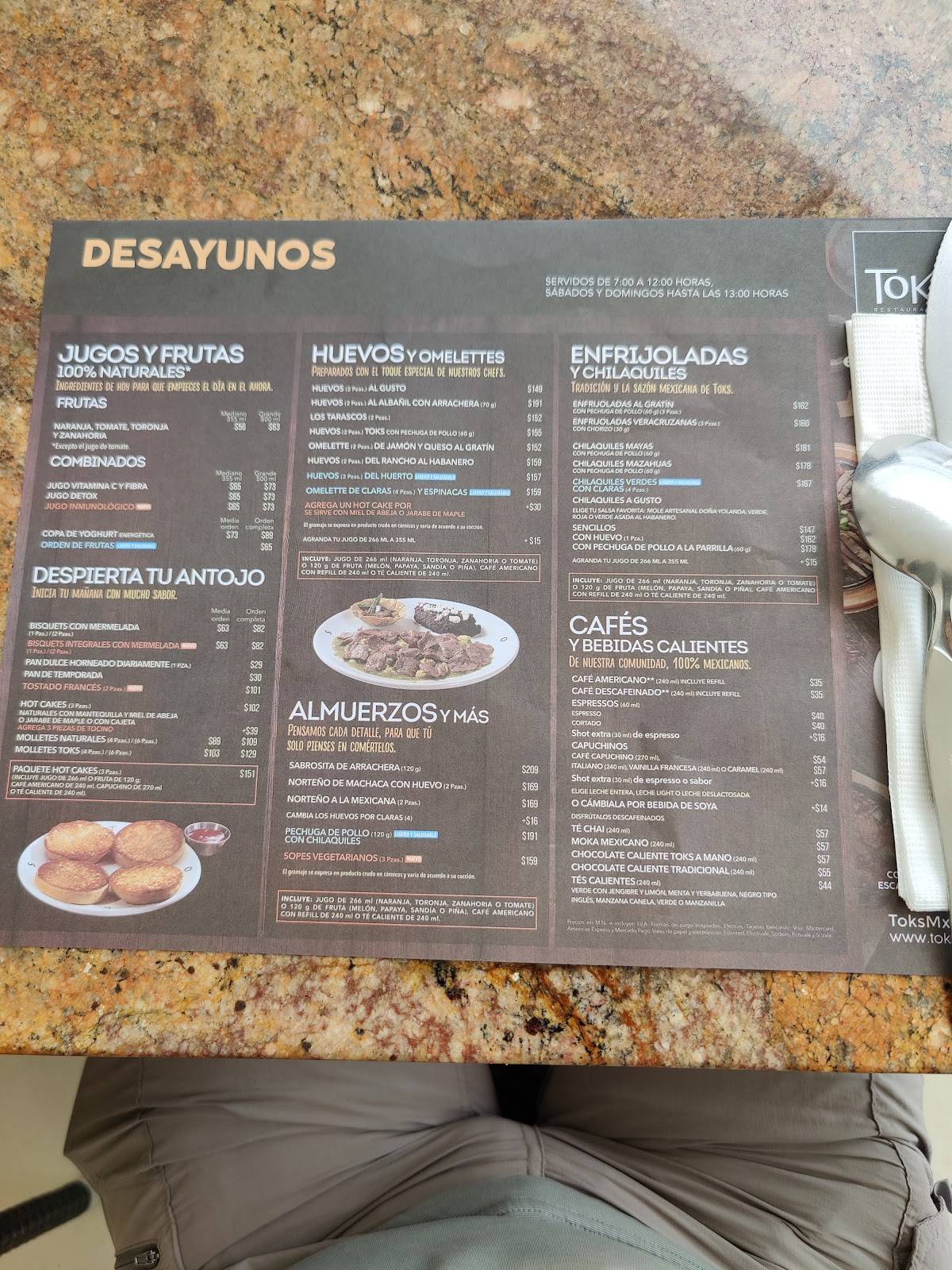 Carta del restaurante Toks, Campeche