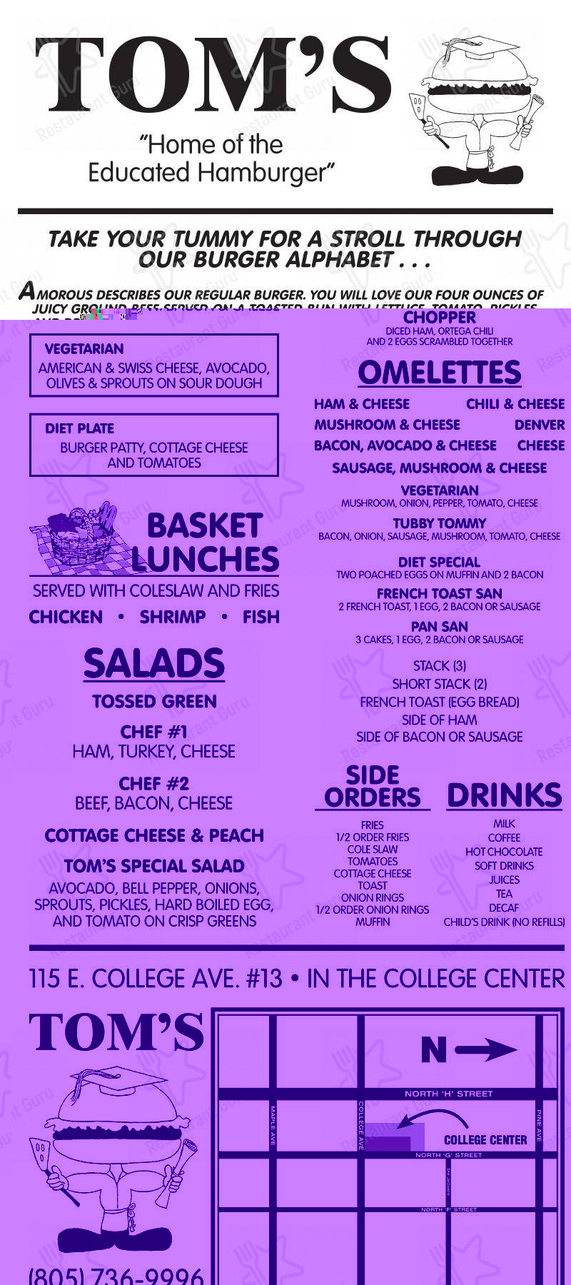 Menu at Tom's restaurant, Lompoc, 115 E College Ave #13
