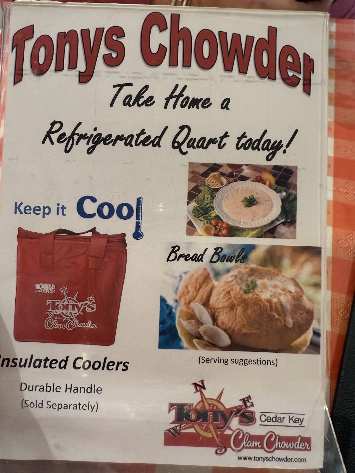 Menu at Tony’s Chowder House restaurant, Mount Dora