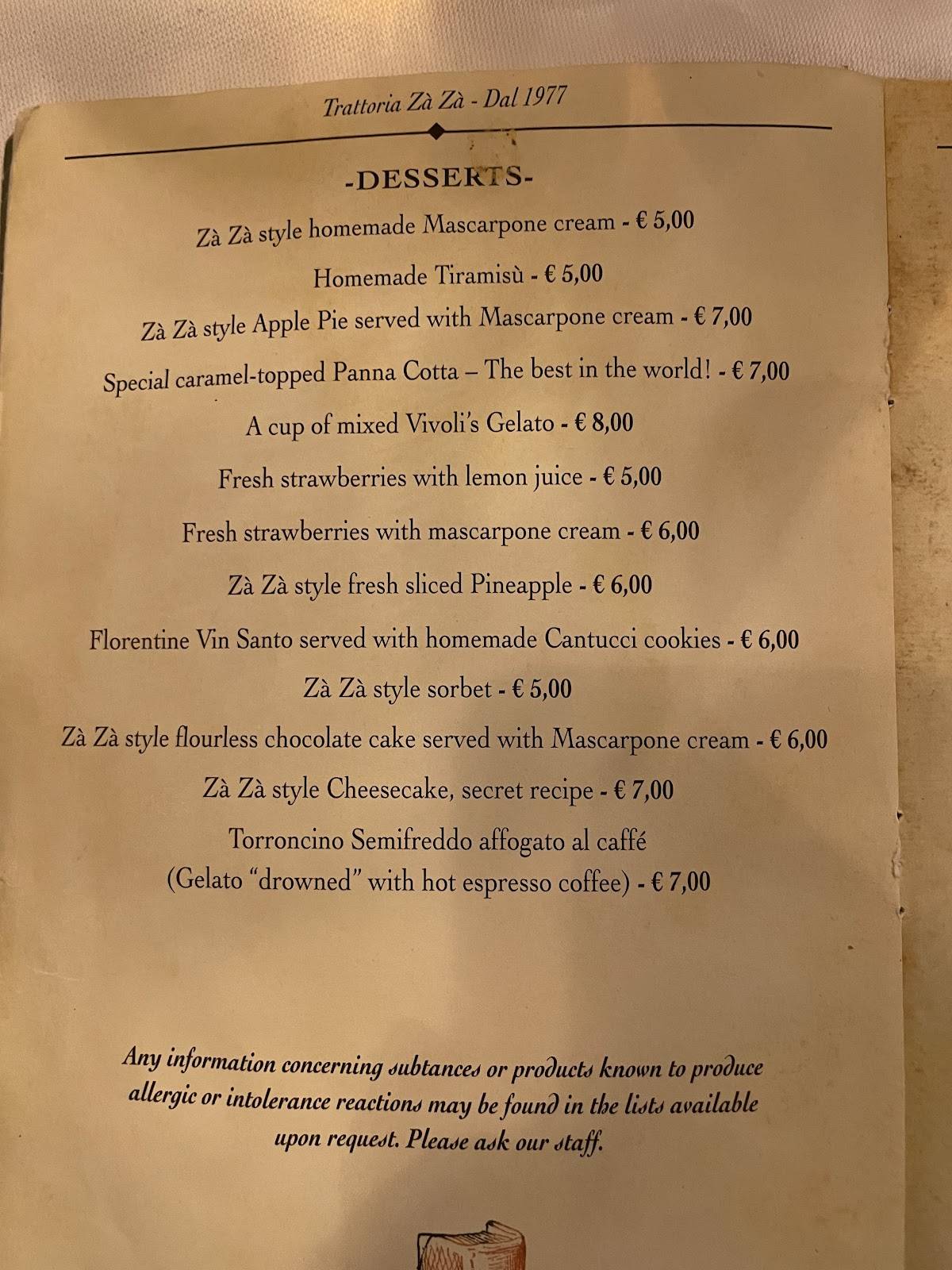 Menu da Zà Zà ristorante, Firenze, Piazza del Mercato Centrale