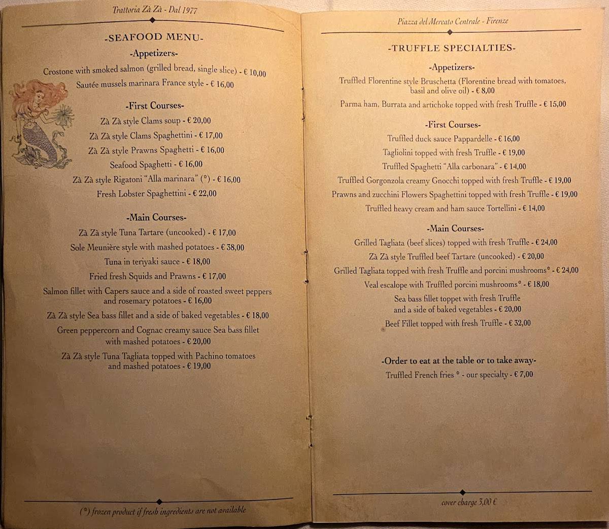 Menu da Zà Zà ristorante, Firenze, Piazza del Mercato Centrale