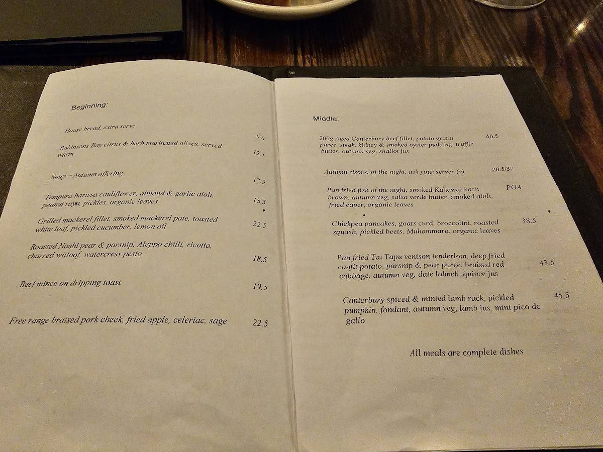 Menu at Twenty Seven Steps restaurant, Christchurch