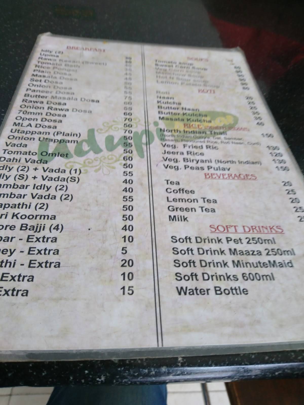 Menu at Udupi Aahar, Hyderabad