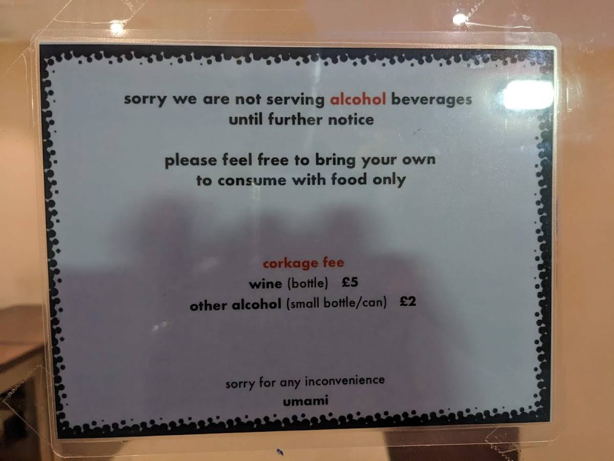 Menu at Umami restaurant, Manchester