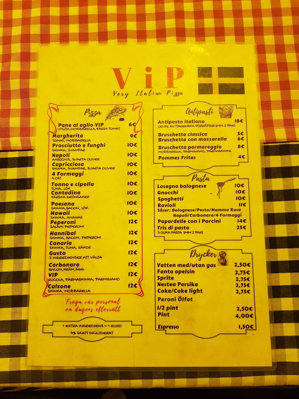 Menu at ViP Pizza restaurant, Barranco de la Verga