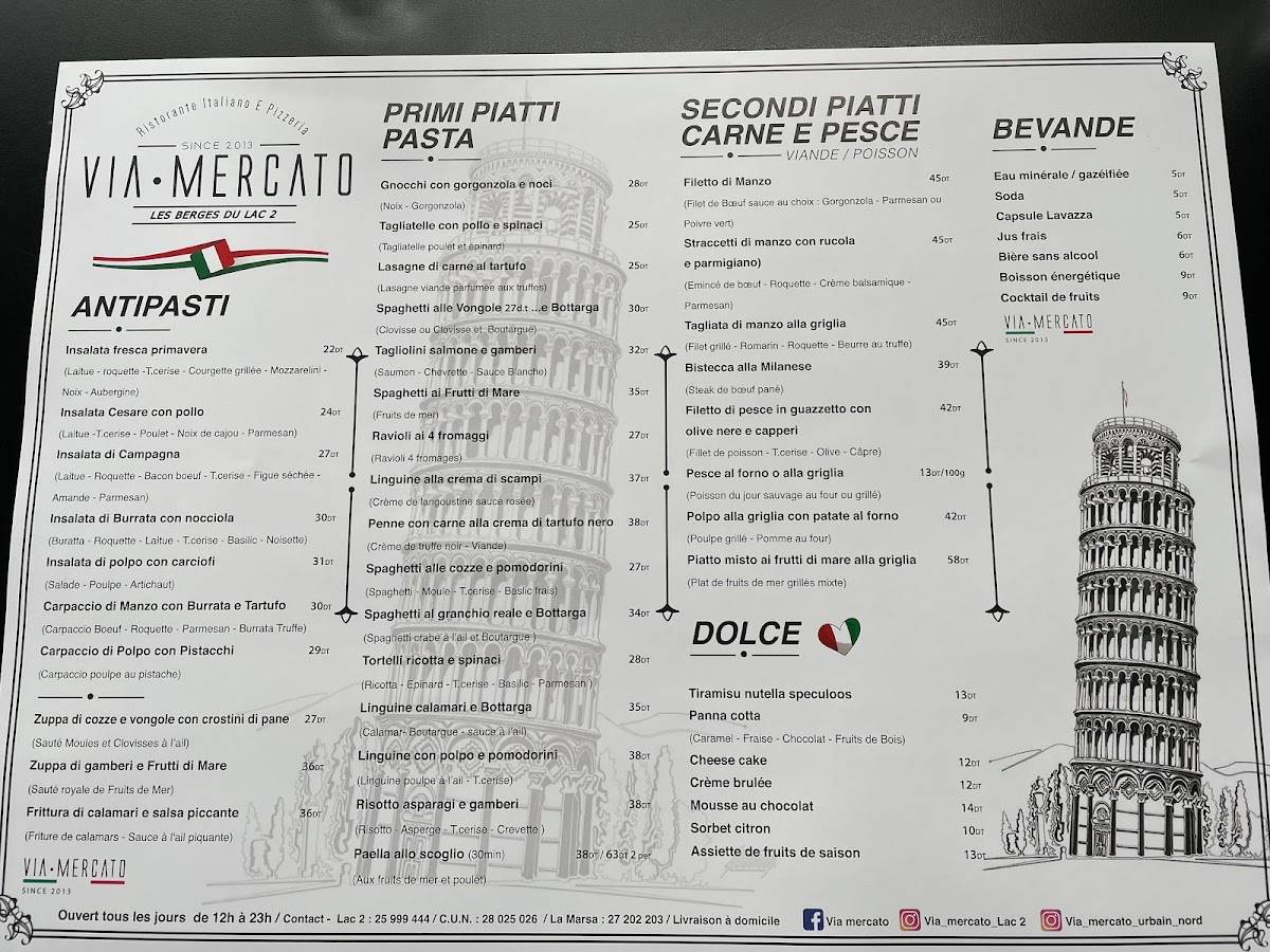Menu au Restaurant Via Mercato Lac 2, Tunis, R7X9+6WG