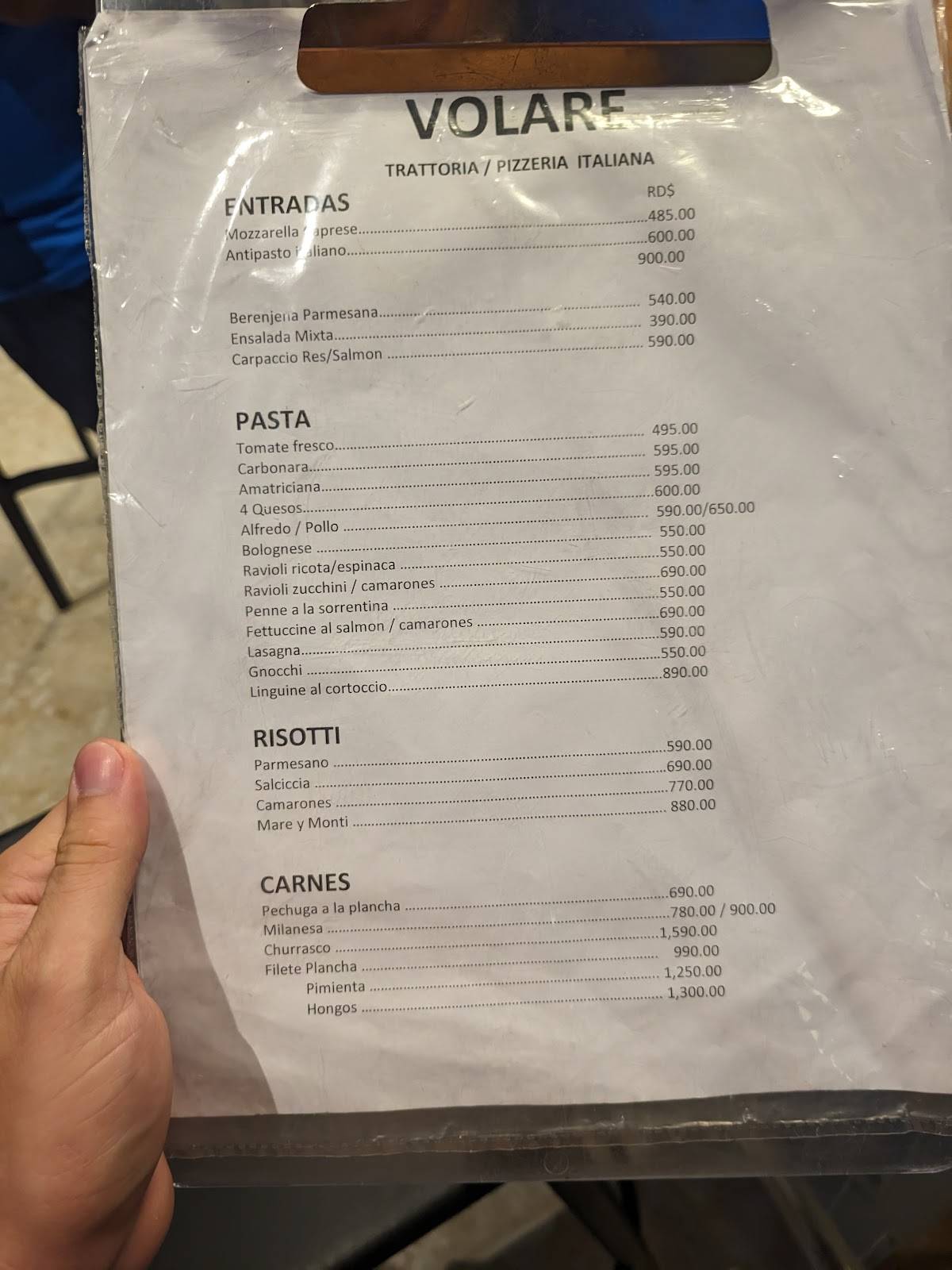 Menu at Volare Trattoria restaurant, Punta Cana