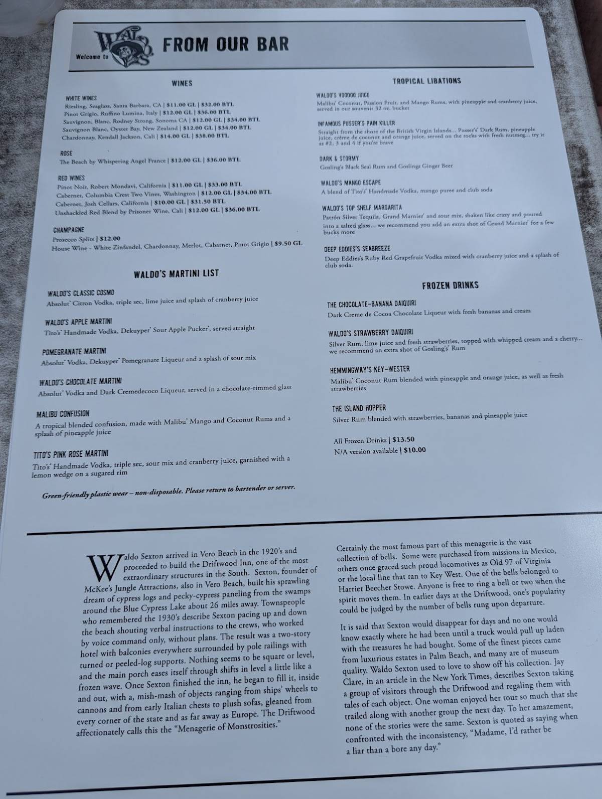 Menu at Waldo's Restaurant, Vero Beach