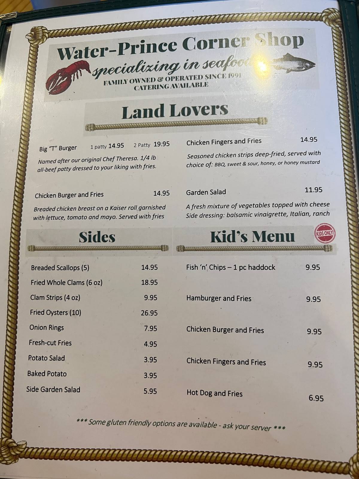 Menu at Water Prince Corner Shop restaurant, Charlottetown