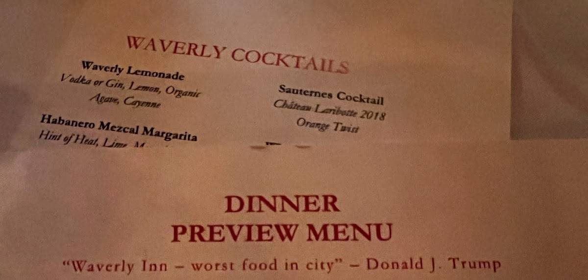 Menu at Waverly Inn restaurant, New York City