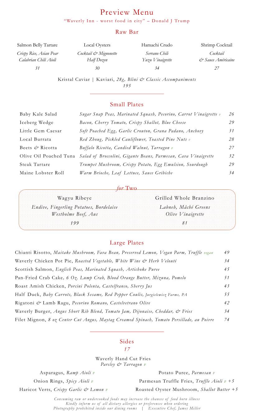 Menu at Waverly Inn restaurant, New York City