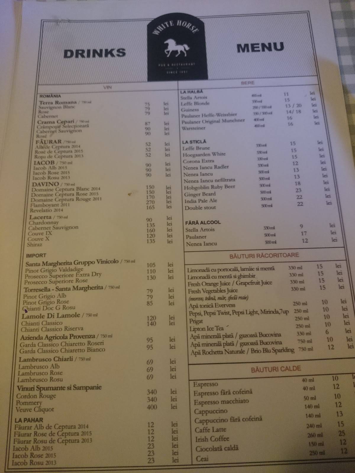 Menu at White Horse, Bucharest, Strada George Călinescu 4 A