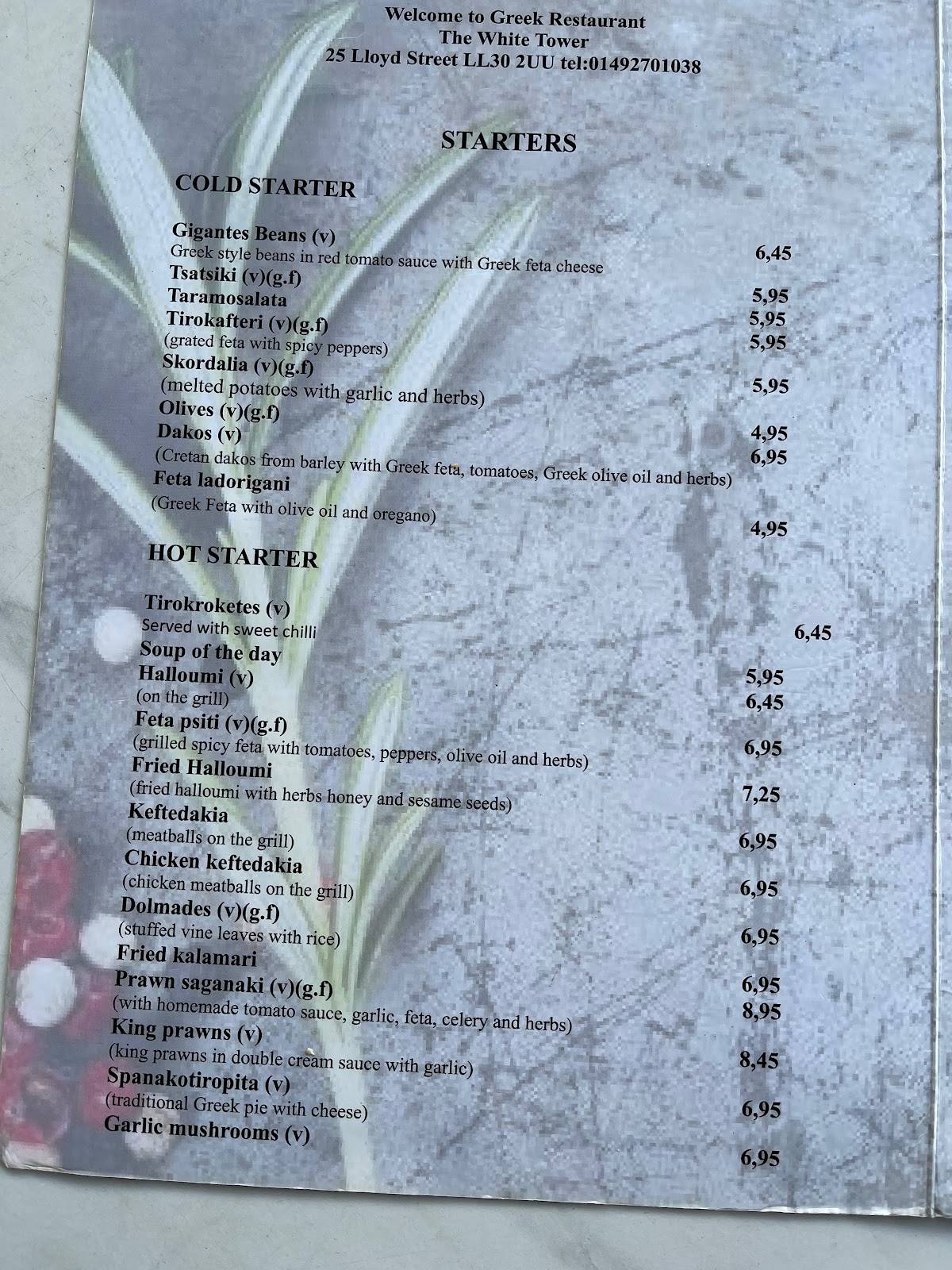 Menu at White Tower restaurant, Llandudno