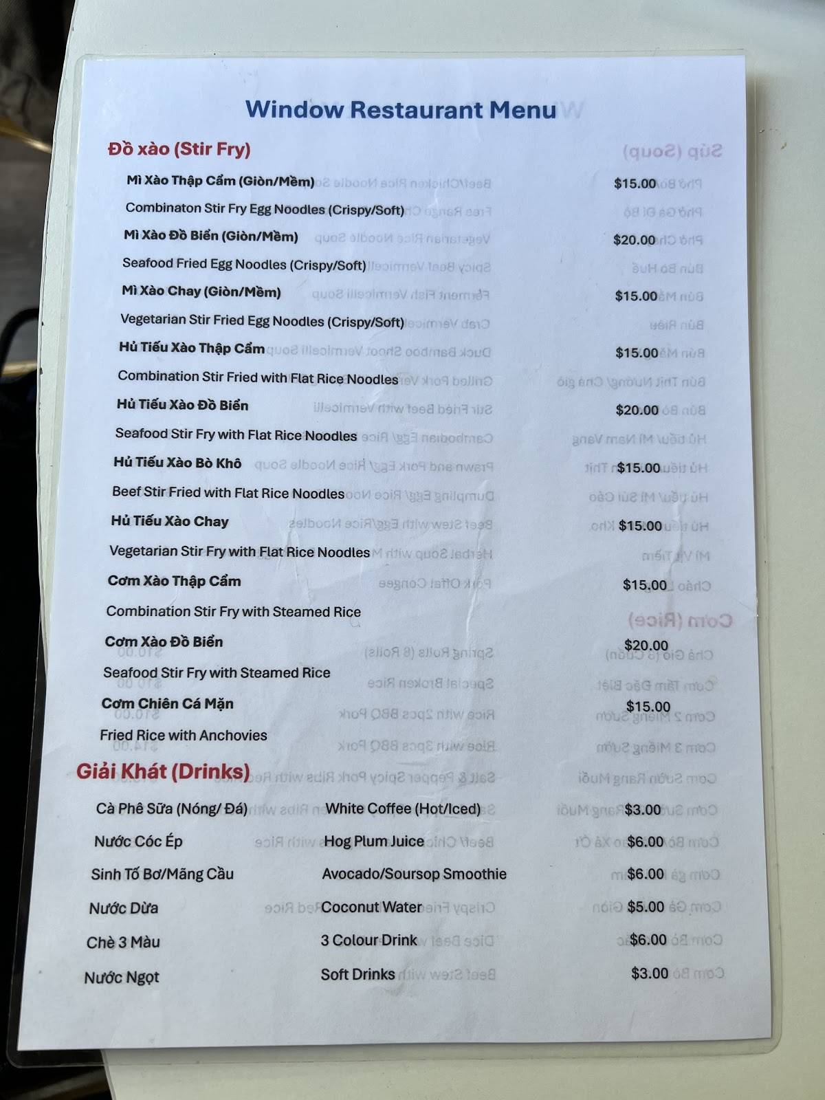 Menu at Window Restaurant, Springvale