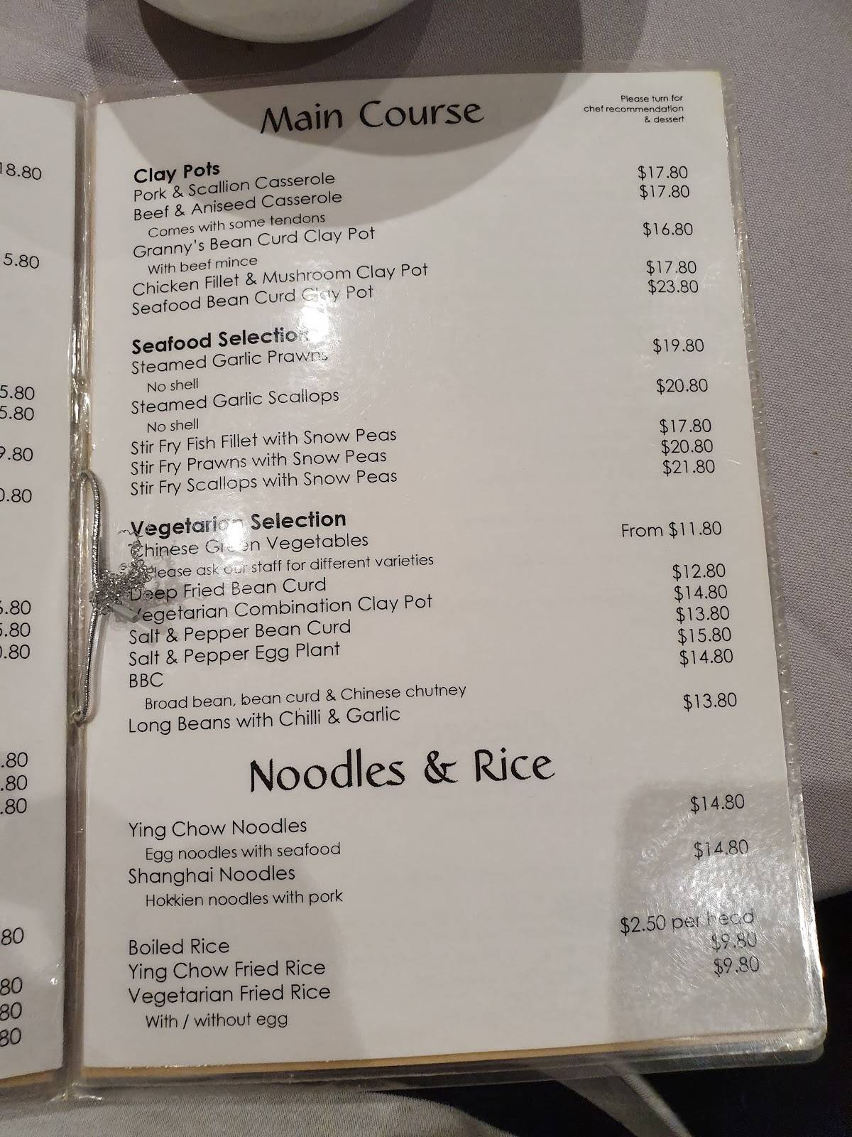 Menu at Ying Chow Chinese Restaurant, Adelaide