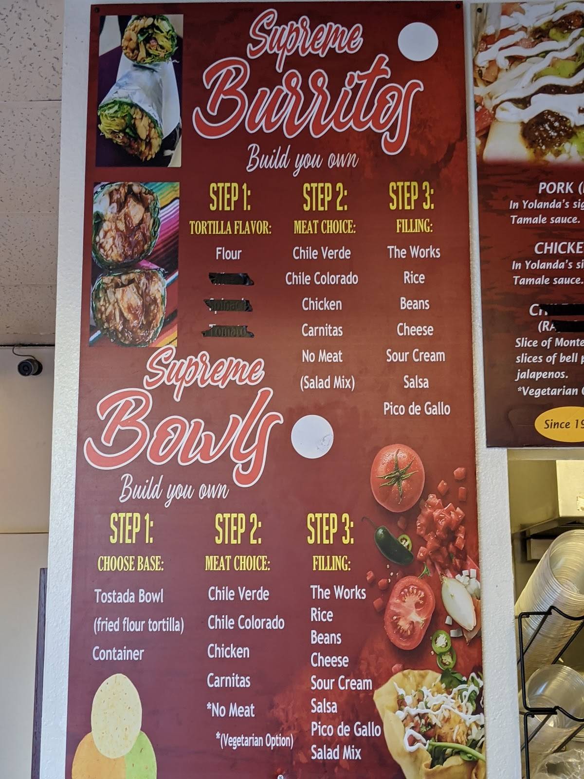 Menu at Yolanda's Tamales Factory restaurant, Sacramento