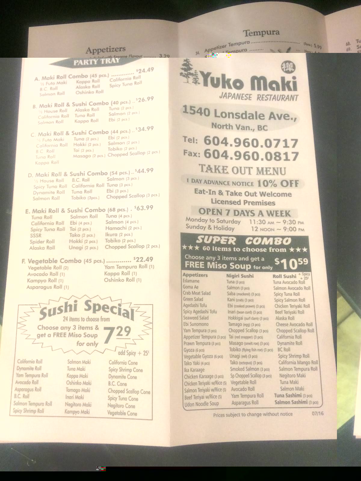 Menu at Yuko Maki restaurant, North Vancouver, Lonsdale Ave
