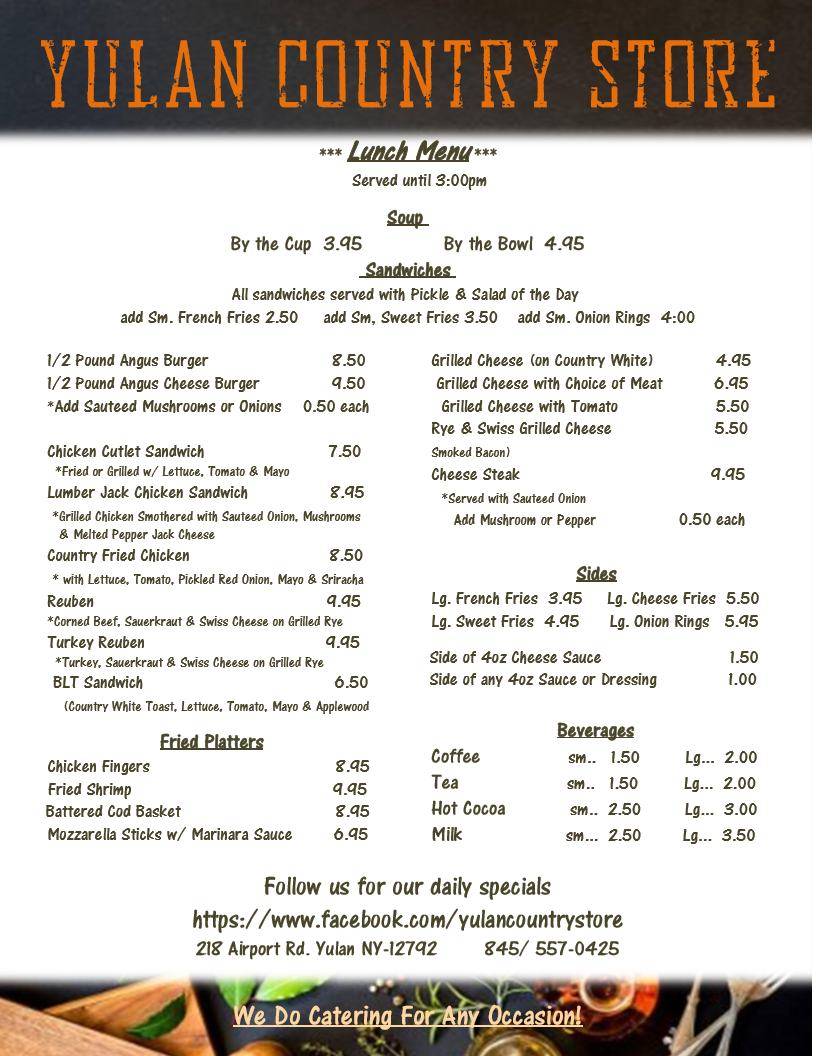 Menu at Yulan Country Store restaurant, Yulan