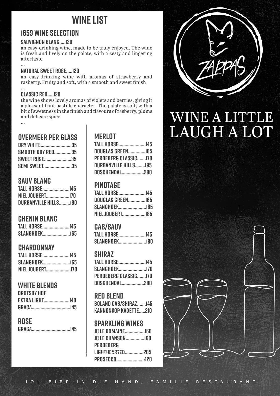 Menu at Zappas Restaurant, Pretoria
