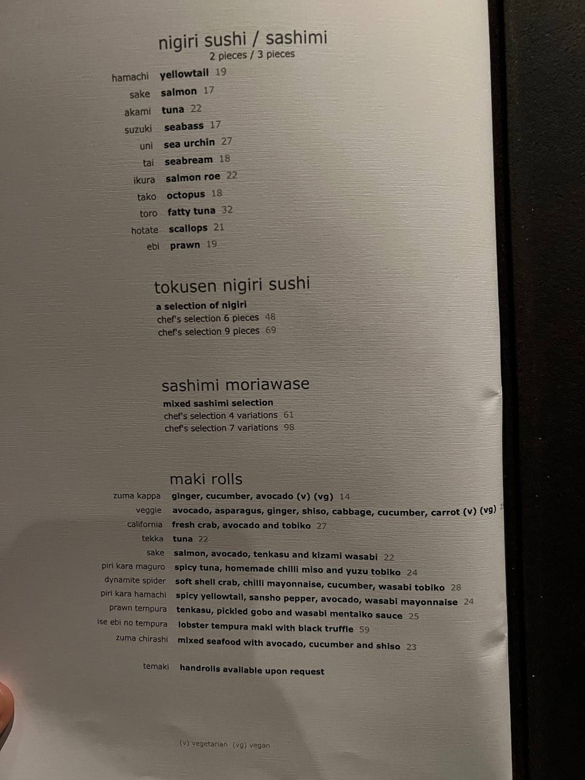 Menu at Zuma Mykonos, Mikonos