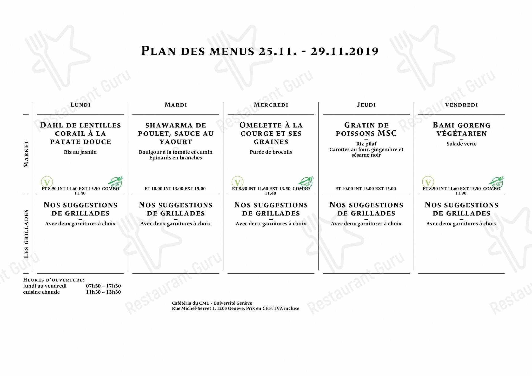 Menu at Restaurant du CMU - Université de Genève, Geneva