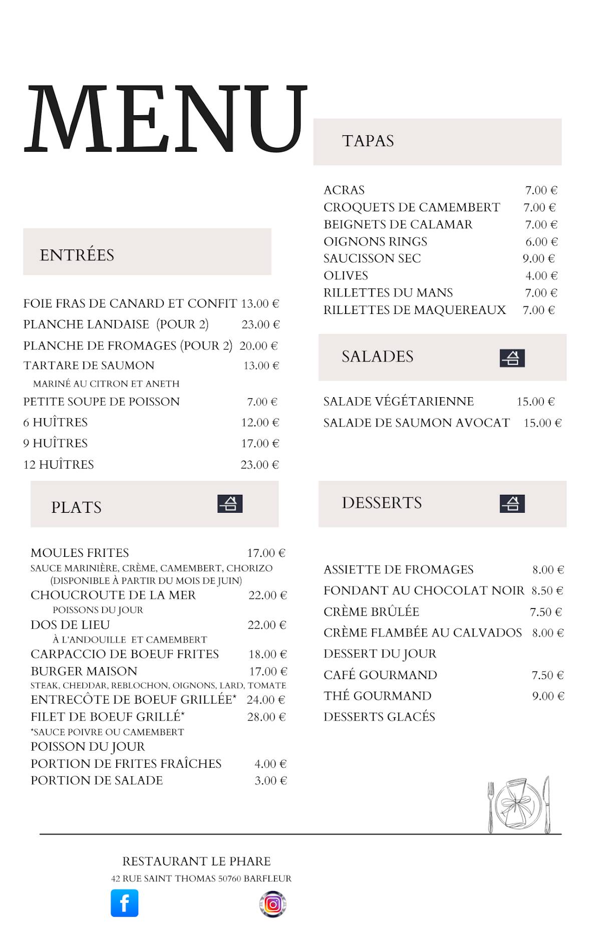 Menu au Restaurant Le Phare, Barfleur