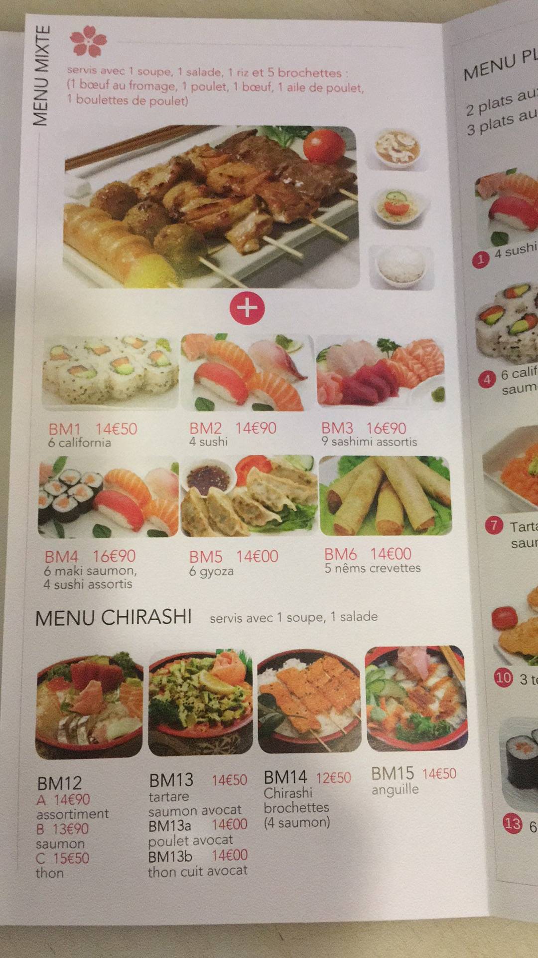 Menu au koyama sushi restaurant, Le Plessis-Trévise