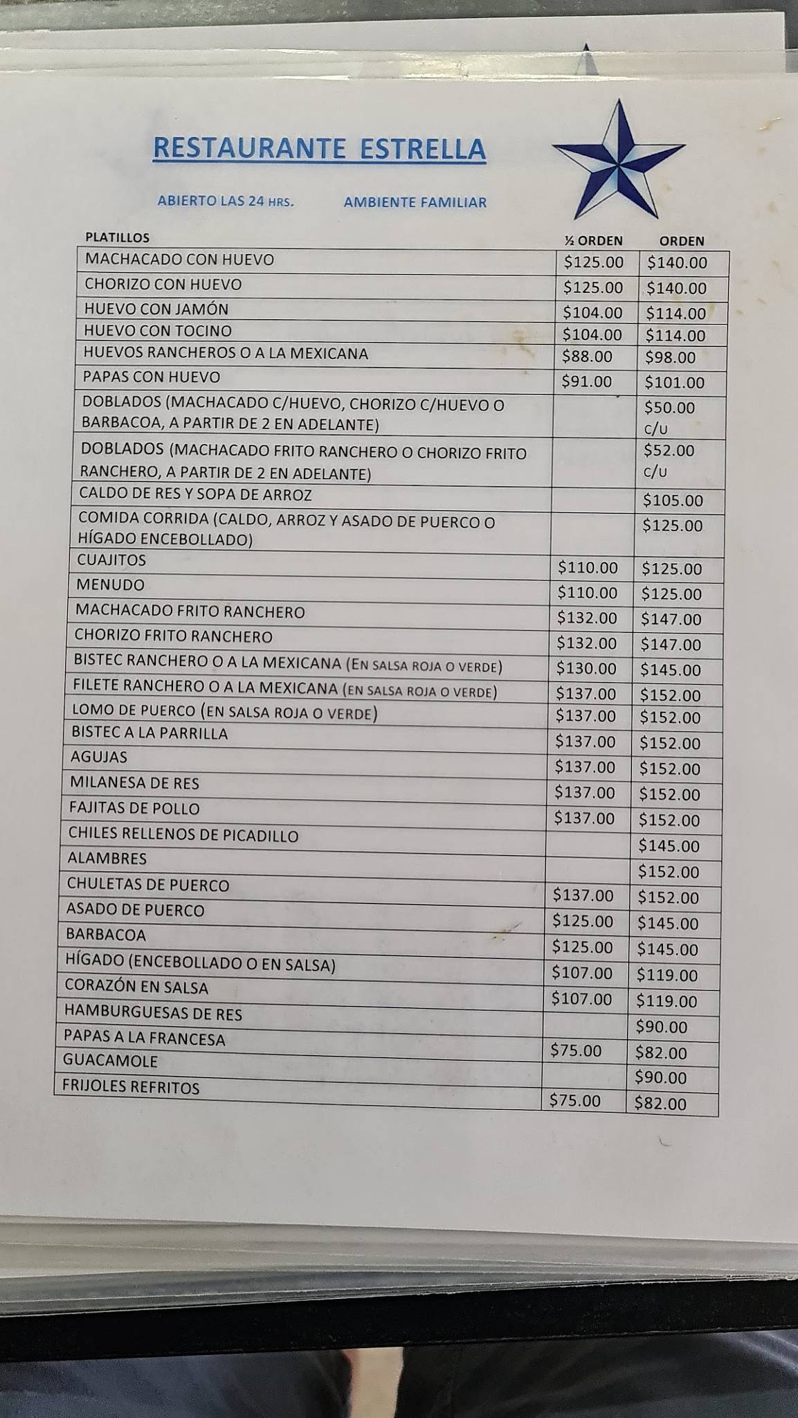 Carta de Restaurant la estrella, Cadereyta Jiménez