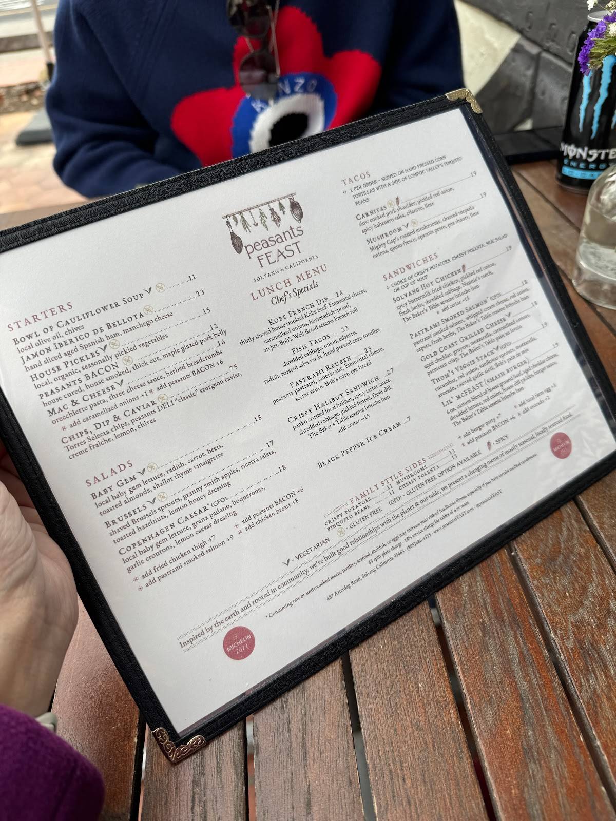 Menu at peasants FEAST restaurant, Solvang