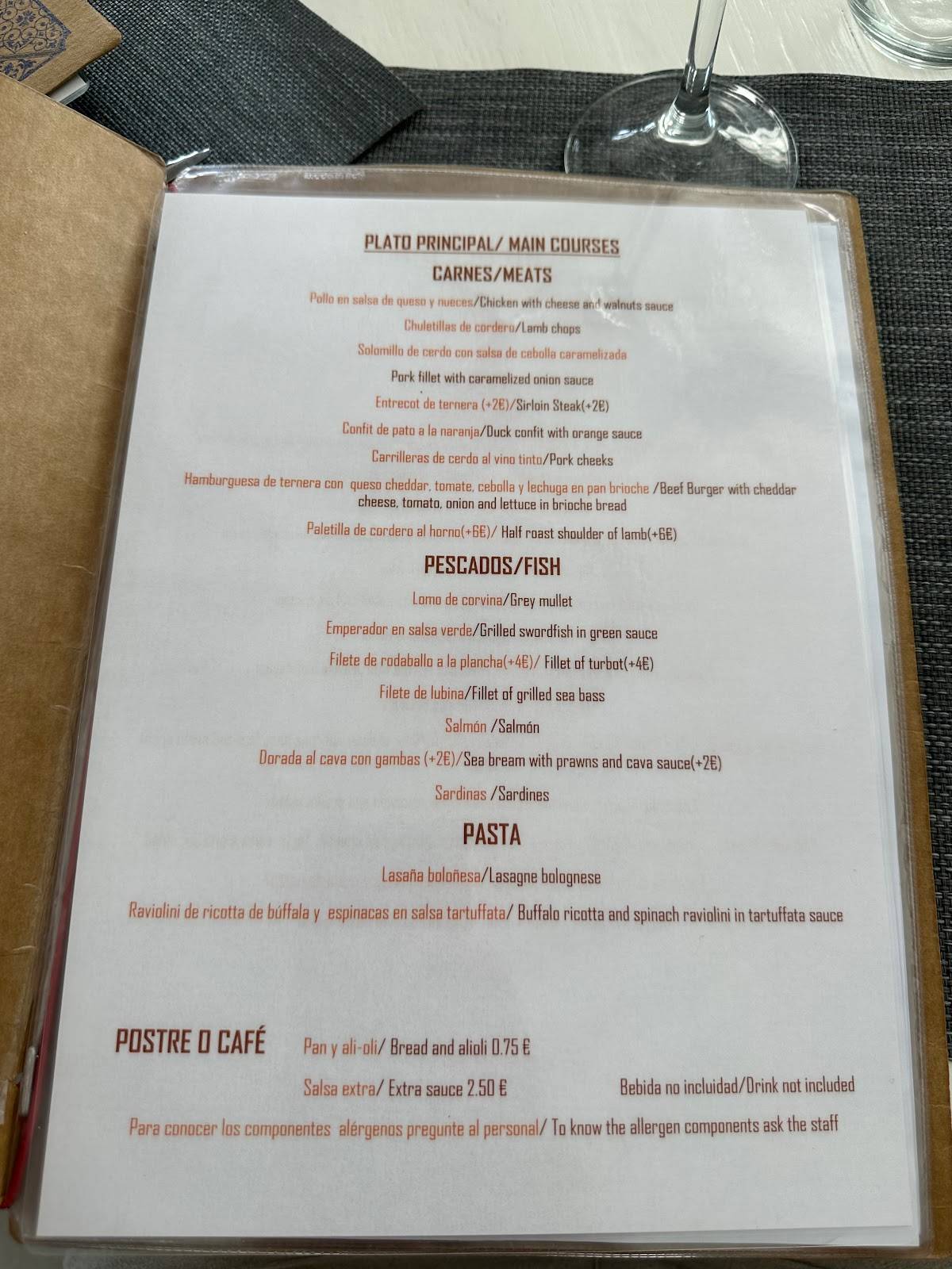 Menu at Restaurante Bellavista, Mojácar, P.º del Mediterráneo