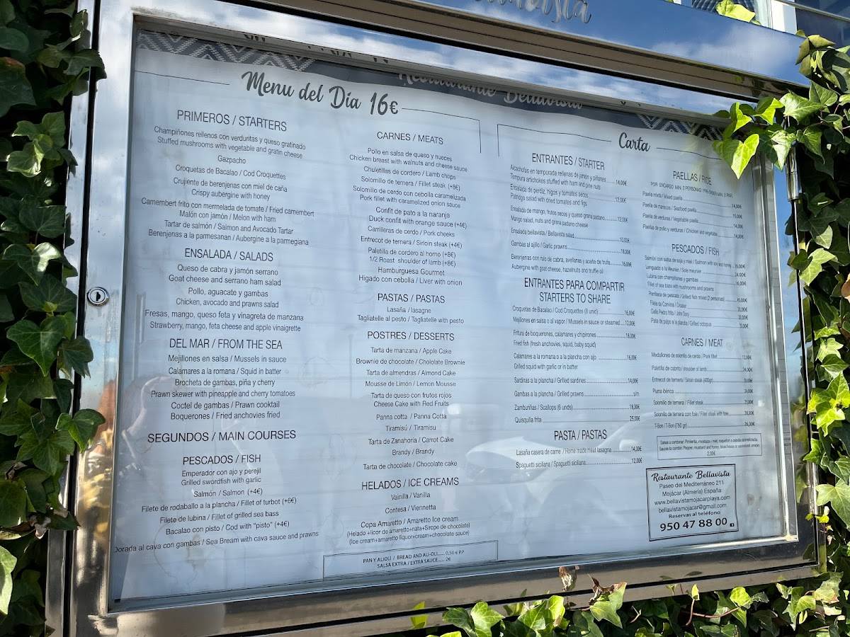 Carta de Restaurante Bellavista, Mojácar, Paseo del Mediterraneo 211 ...