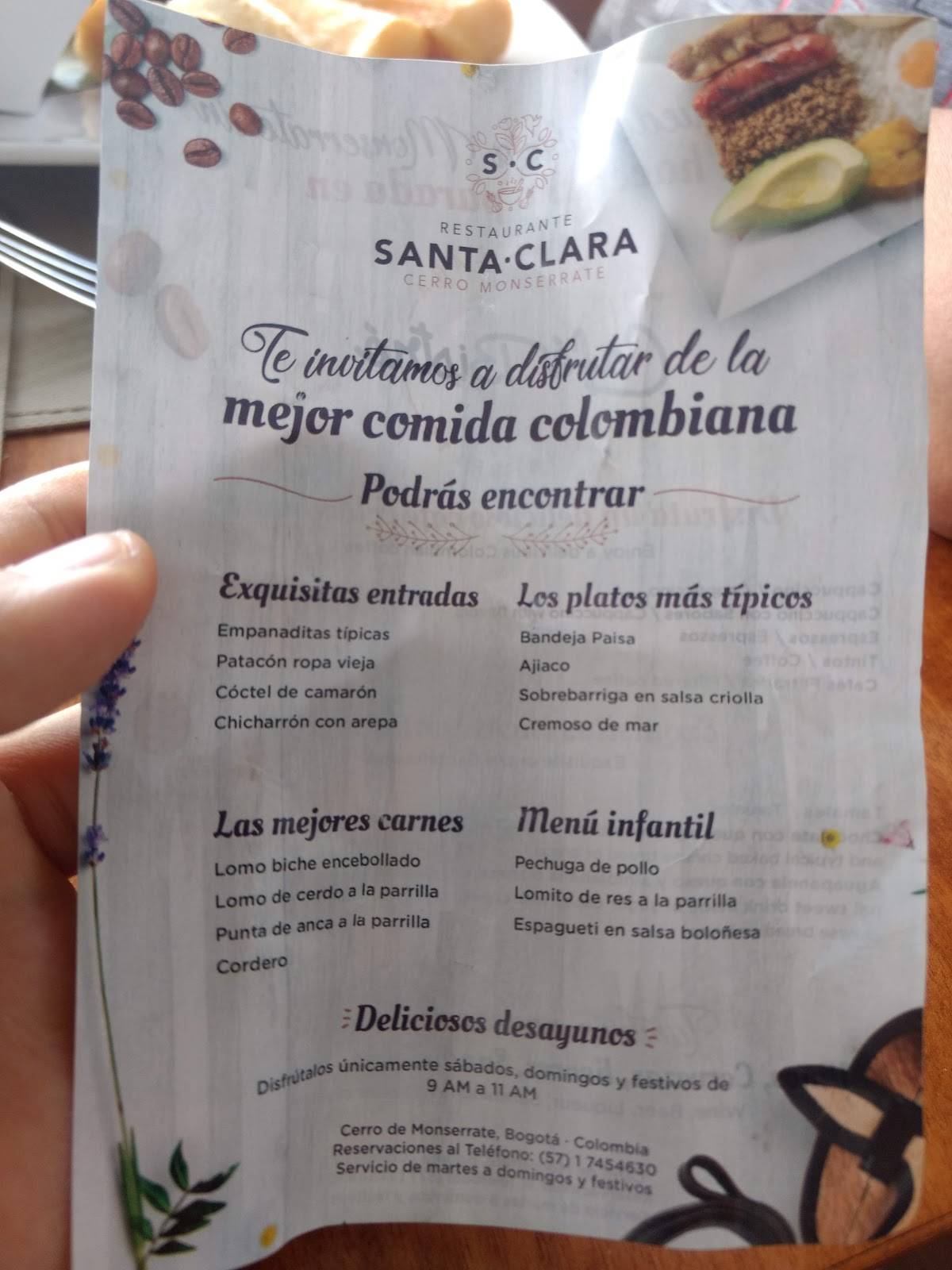 Carta de Restaurante Casa Santa Clara, Bogotá, Carrera 2 este # 21-48