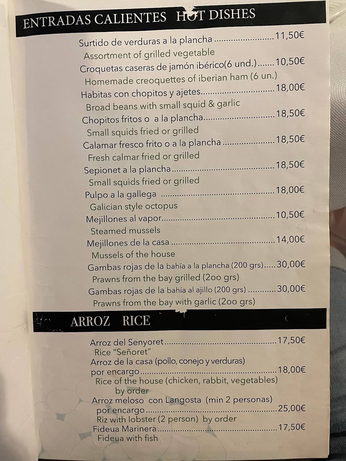 Menu at Casa Toni restaurant, Benidorm