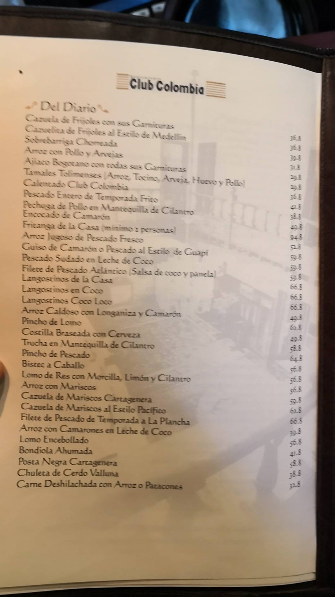 Carta de Restaurante Club Colombia, Bogotá