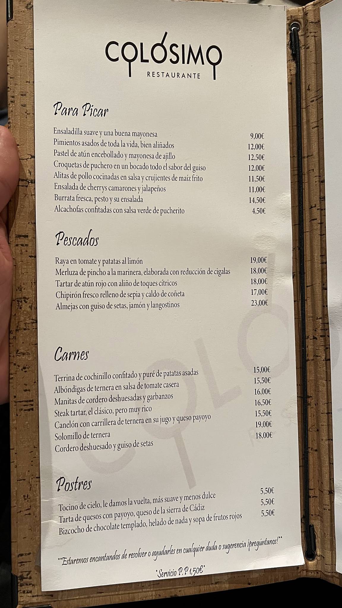 Carta de Restaurante Colósimo, Madrid