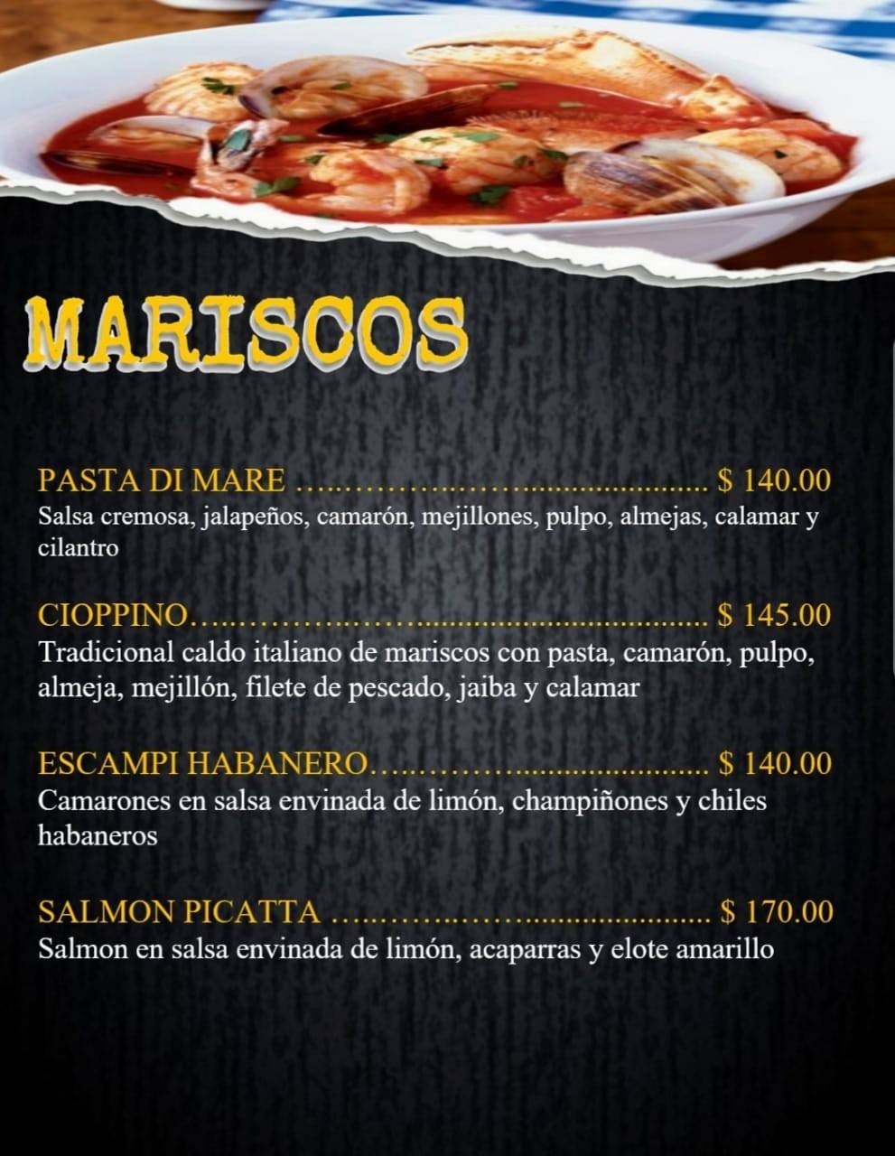 Carta de Restaurante DiCarlo, Mexico