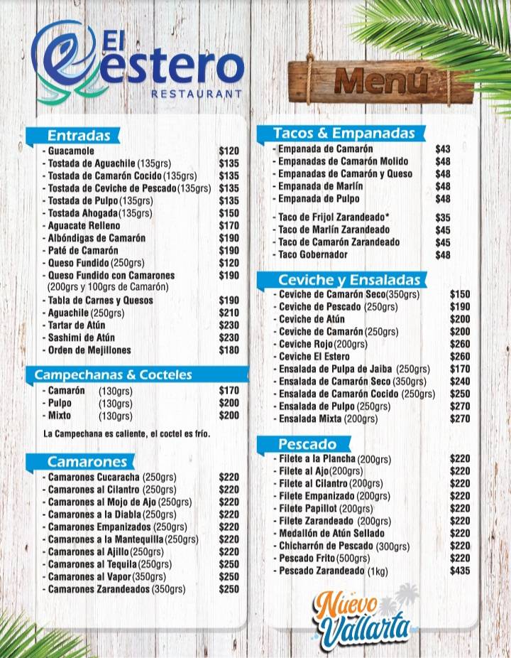 Carta de Restaurante El Estero Nuevo Nayarit, Las Jarretaderas