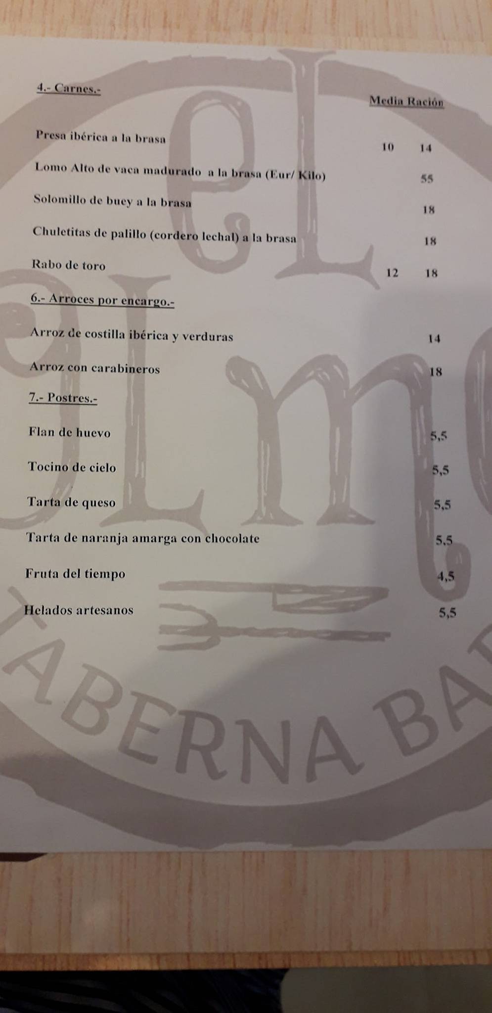 Carta de Restaurante El Olmo, Córdoba